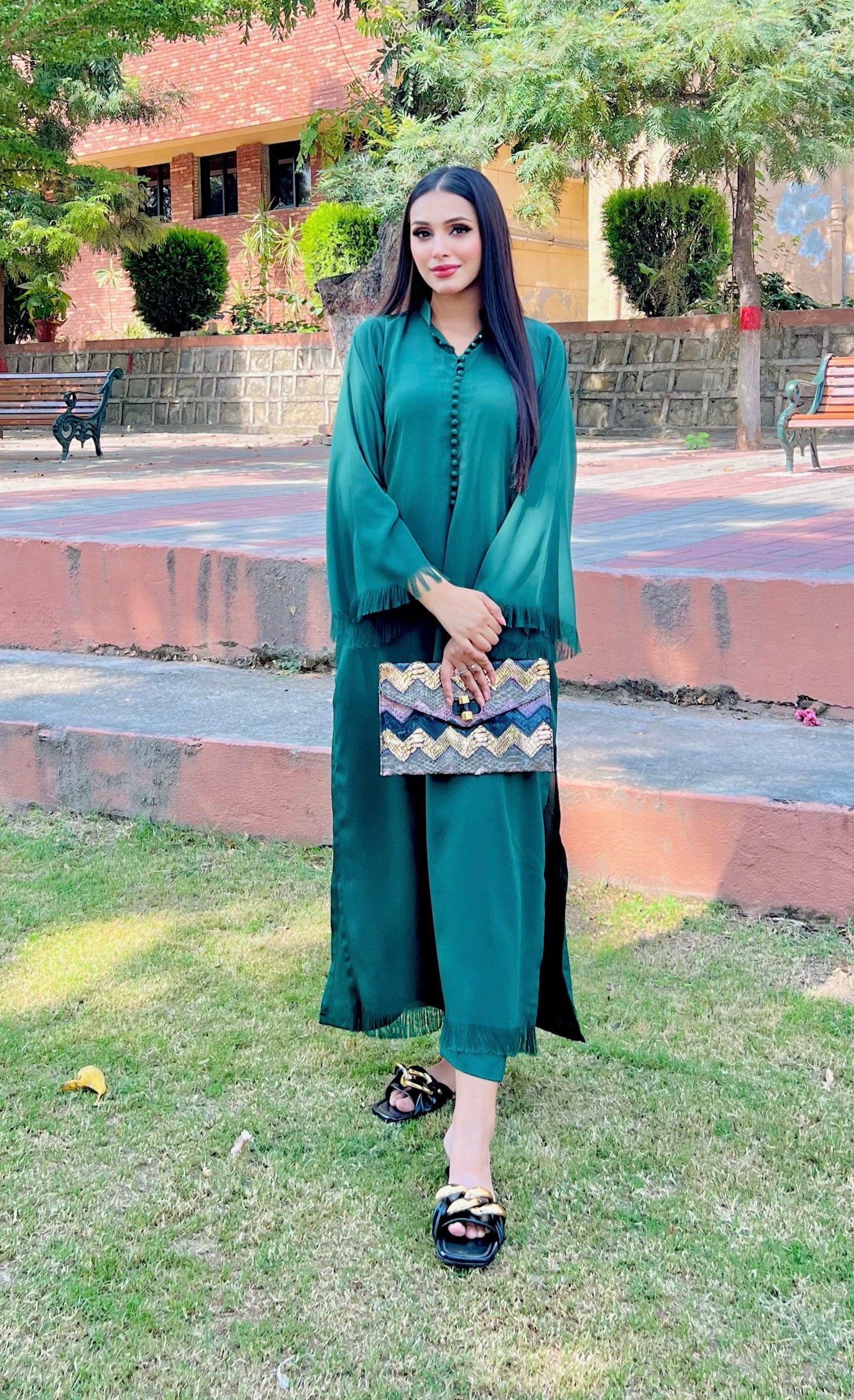 Green button Set+Fringes – Momina Ammar